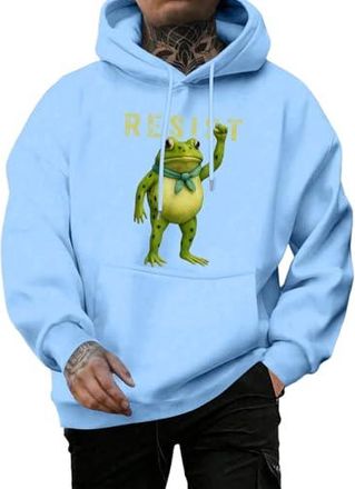 Generic Sweat &agrave; capuche surdimensionn&eacute; pour homme - Imprim&eacute; grenouille r&eacute;sistant | Sweat-shirt d&eacute;contract&eacute; tendance avec poche, usage quotidien, bleu clair, X