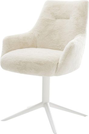 DELIFE Esszimmerstuhl Alja-Flex mit Armlehnen Fußkreuz Weiß Plüsch Creme-Weiß 360° drehbar Wippfunktion Taschenfederkern