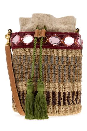 Valentino Garavani Womens Embroidered Raffia Vlogo Signature Bucket Bag Multicbeigemulticbrrednatncamver Borse A Secchiello