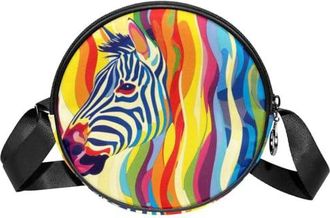 Generic Petit sac &agrave; bandouli&egrave;re rond pour femme, imprim&eacute; z&egrave;bre arc-en-ciel, sac &agrave; dos avec fermeture &eacute;clair, bretelles r&eacute;glables, sac &agrave; main rond d&eacute;contract&eacute; 