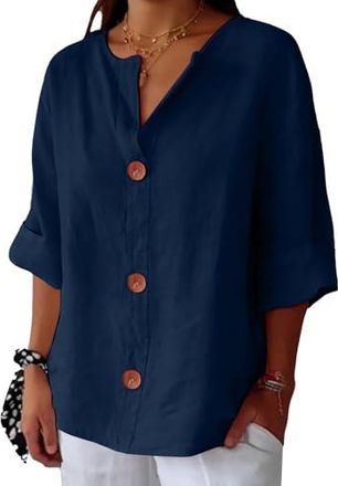 Generic Chemise boutonn&eacute;e en coton et lin &agrave; manches 3/4 pour femme, col en V, uni, coupe ample, tenue dautomne, bleu, XXL