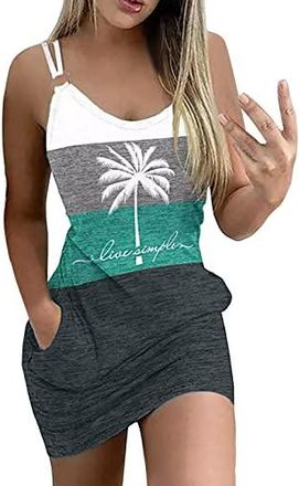 Generic Robes amincissantes pour femmes, robe imprim&eacute;e d&eacute;contract&eacute;e, col rond, bretelles sans manches, mini, Vert, S