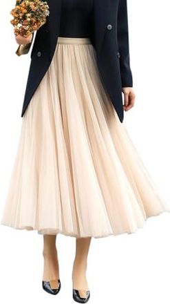 ORANDESIGNE Jupe Large Femme Fluide Mi Longue Pliss&eacute;e Chic et Elegant Midi Jupe Taille Haute Elastique Tutu Tulle Transparente Jupe Trap&egrave;ze Genoux Swing &Eacute;vas&eacute;e Fl