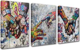 Tumovo Adam Hand of God Bilder Freundlich Halten H&auml;nde Kunst Gem&auml;lde Banksy Graffiti Kunst Frieden Hand Wandkunst 3P Wohnzimmer Zuhause Moderne Dekor Holzrah