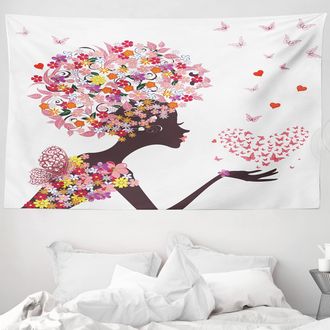 Abakuhaus Sommer Wandteppich und Tagesdecke, Schmetterlinge Blüten aus Weiches Mikrofaser Stoff Waschbar ohne Verblassen Digitaldruck, 230 x 140 cm, Weiß Rosa