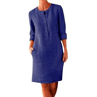 FNKDOR Robe d&eacute;contract&eacute;e Femme Couleur Unie R&eacute;tro Coton et Lin Robe Tunique Chic Bouton Col Rond Robe Casual L&acirc;ch&eacute; Robe Midi &agrave; Manches Longues Robe D&eacute;t&eacute; avec