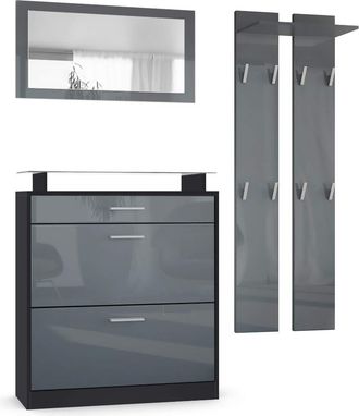 Vladon Garderobe Loret mini, Garderobenset bestehend aus 1 Schuhschrank, 1 Wandspiegel und 2 Garderobenpaneele, Schwarz matt/Grau Hochglanz