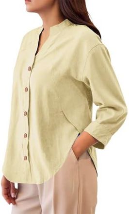 Generic Chemises &agrave; manches 3/4 pour femme - Hauts en coton - Grande taille - D&eacute;contract&eacute; - En coton et lin - Tendance - L&eacute;ger - Confortable - Manches longues 