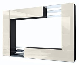 Vladon Meuble TV Mural Mirage, Ensemble &eacute;tag&egrave;re TV avec Panneau arri&egrave;re et 2 Portes, 2 clapets et 6 &eacute;tag&egrave;res en Verre, Noir Mat/Cr&egrave;me Haute Brillance (262 x 