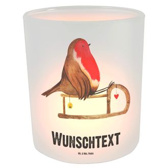 Mr. & Mrs. Panda Personalisiertes Windlicht Rotkehlchen Schlitten - Personalisierte Geschenke, mit Namen, Windglas, Windlichter, Teelichthalter, Kerzengläser, Vogel, W