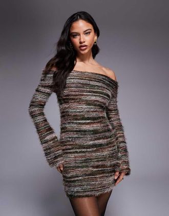 Kiwi & Co Bibi - Robe courte en maille texturée avec encolure bardot - Kaki mélangé-Vert