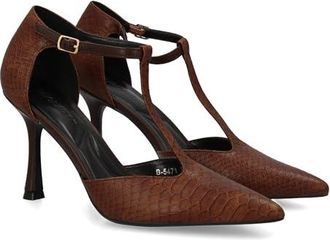 Shoes & Blues Stiletto à talon fin design élégant. Chaussure de salon avec talon haut et pointe fine avec boucle et design en T. Idéale pour lhiver automne., marron