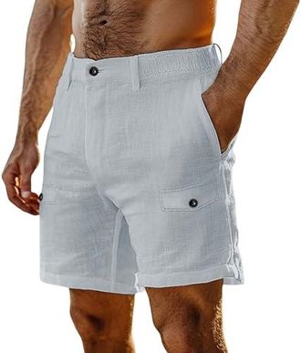 Generic Short dété en coton et lin pour homme - Braguette à boutons - Coupe ample - Avec fausse poche cargo - Léger - Short athlétique décontracté - Short de 