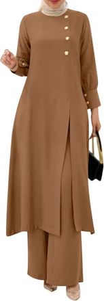 Generic OBEEII Abaya Muslim Damen Set 2 St&uuml;ck Langarm Oberteile Und Hosen Corban Ramadan Outfit Naher Osten Arabisch Islamische Kleidung Khaki XXL