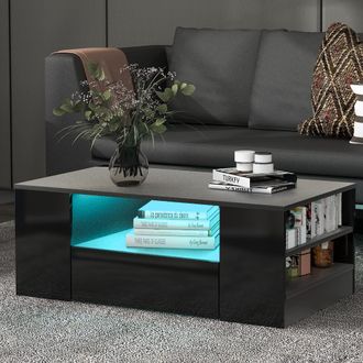 Merax Moderner LED Couchtisch Hochglanz Wohnzimmermöbel 2 Schubladen und 2 Regalsofa Couchtisch Beistelltisch (Schwarz, 95 x 53 x 37cm)