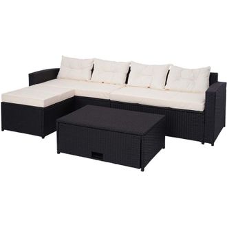 Hhg neuwertig] Poly-Rattan Garnitur 080, Balkon-/Garten-/Lounge-Set Sitzgruppe Sofa, Staufach schwarz, Kissen creme-beige