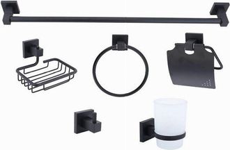 Trade Shop Trade Shop Traesio - Trade Shop - Ultramodernes schwarzes 6-teiliges Badezimmerset mit Handtuchhalter, Handtuchrolle, Glas und Zahnb&uuml;rsten 87261