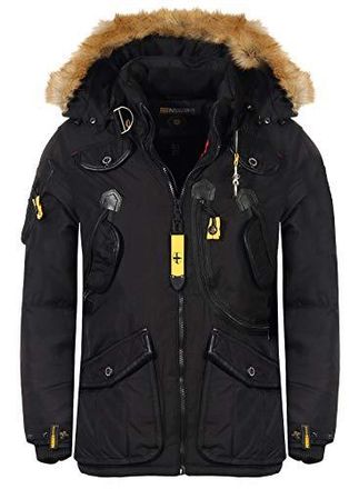 Geographical Norway Homme Stylische Veste dhiver Manteau Langjacke AGAROS Toison Col de Fourrure Chaud Noir XL