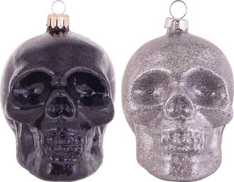 Krebs Glas Lauscha Weihnachtsdekoration/Christbaumschmuck aus Glas - Weihnachtsanhänger - Motiv:Totenkopf Schwarz/Silber - 2 Stück - Größe: ca. 10cm