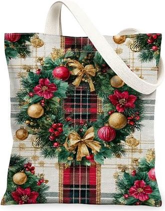 Generic Sacs fourre-tout en toile de No&euml;l, motif couronne de vacances festive, sacs &agrave; provisions r&eacute;utilisables, vintage &agrave; carreaux l&eacute;gers et lavables, Rouge, 