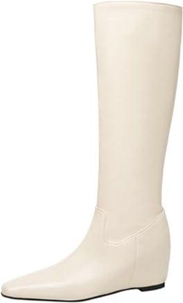 Generic Bottes déquitation minimalistes tendance à bout carré pour femme - Talon compensé caché - Chaussures décontractées à enfiler, beige, 37.5 EU