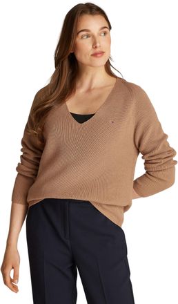 Tommy Hilfiger Damen Pullover Cardi Fine V-Ausschnitt, Beige (Safari Canvas), XXS
