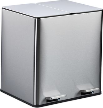 Relaxdays Mülleimer 2 x 15 Liter, Küchenmülleimer mit Geruchsfilter, Biomüll, Absenkautomatik und Trittpedal, Silber