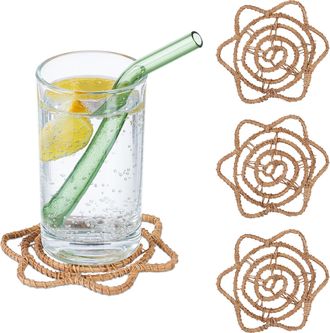 Relaxdays Untersetzer, 4er Set, Palmenblatt, für Gläser & Tassen, Boho Design, Getränkeuntersetzer, BxT: 10x10 cm, Natur