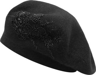 ZLYC B&eacute;ret Basque pour Femme, Fleur brod&eacute;e Noire, Taille Unique