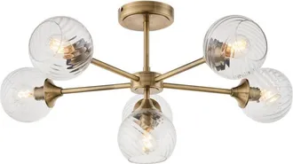 Endon Lighting Allegra Plafonnier semi-affleurant &agrave; 6 bras multiples avec abat-jour en verre et laiton antique