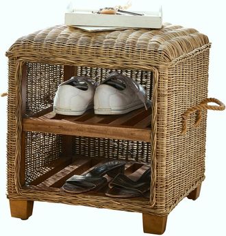 Loberon Hocker Merveillette, Sitz und Schuhablage in Einem, Feine Flechtstruktur, mit Seitlichen Jutegriffen, Flur-Zubehör, Rattan, Mahagoniholz, braun