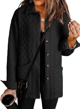Generic Veste matelass&eacute;e d&eacute;contract&eacute;e boutonn&eacute;e &agrave; manches longues pour femme, manteau matelass&eacute; l&eacute;ger et d&eacute;contract&eacute; avec poches, Noir, XXL