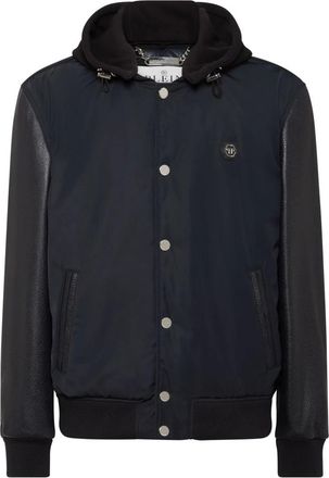 Philipp Plein Homme, Vestes, Bleu, Taille: L Nylon & Leather Varsity Bomber Hooded Jacket