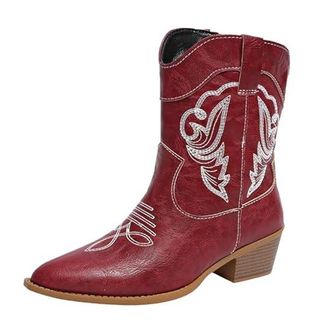Generic Bottes de cowboy courtes occidentales pour femmes, bottes d&eacute;quitation brod&eacute;es cousues &agrave; talon bloc bout pointu bottine large mollet &agrave; enfiler bottes d