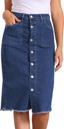 Allegra K L&auml;ssiger Jeansrock f&uuml;r Damen, Knopfleiste, hohe Taille, ausgefranster Saum, Jeansrock, Midirock, Dunkelblau, Klein