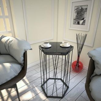 Hanah Home Industrial Side Table with Metal Legs, Marble & Black Finish, 40 x 62 x 35 cm | 100% Melamine Coated Particle Board, 18 mm Thick | Perfect for Hotel &