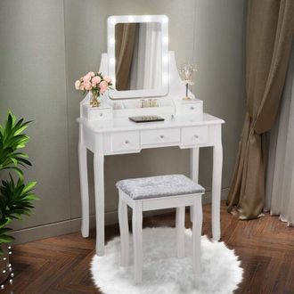 Costway Coiffeuse, Table de Maquillage avec 10 Ampoules led &agrave; Intensit&eacute; Variable Tabouret avec 5 Tiroirs et Bo&icirc;tes de Rangement Amovibles Blanc - Costway