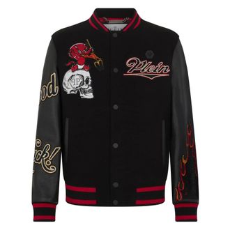 Philipp Plein Homme, Vestes, Noir, Taille: XL Varsity Bomber avec Manches en Cuir Devil Skull