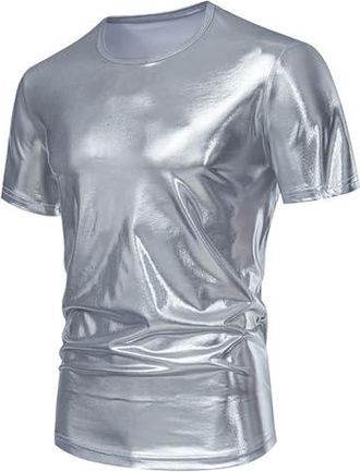 Generic T-shirt brillant pour homme en satin brillant à col rond et manches courtes infroissable - Coupe ajustée - Couleur unie - Pour fête disco - Chemises t
