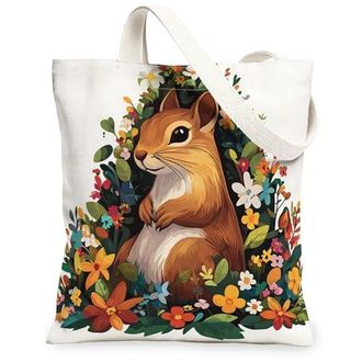 Generic Sac fourre-tout en toile motif &eacute;cureuil printanier pour le shopping, 33 x 38,1 cm, sac d&eacute;picerie r&eacute;utilisable pour femme, joli motif botanique, esth&eacute;t