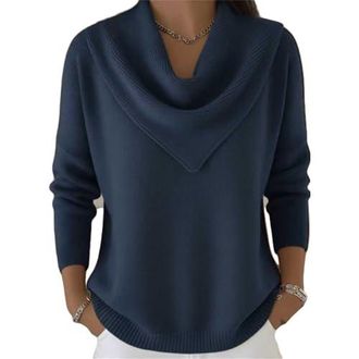 Generic Pull élégant rétro doux à col triangle de couleur unie, pull en tricot confortable à manches longues pour femme, bleu marine, 3XL