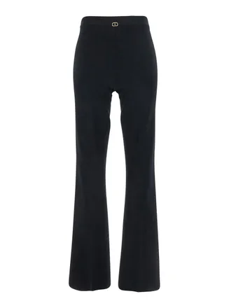 Twinset Womens Black Flared Pants With Logo Plaque Viscose Trousers