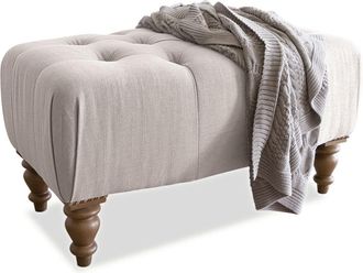 Loberon Hocker Durance, handgeknöpftes Chesterfield-Design, liebevoll gedrechselte Beine, strapazierfähiger Bezug, Sitzmöbel, Kautschukholz, Kiefernholz, lein