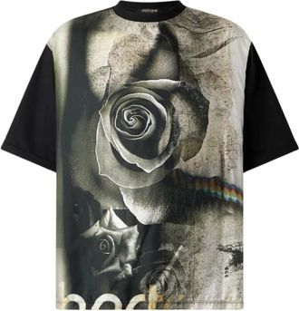 Roberto Cavalli Homme, Tops, Noir, Taille: L T-shirt avec impression de roses