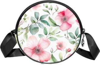 Generic Petit sac &agrave; bandouli&egrave;re circulaire pour femme, motif feuilles florales, sac &agrave; dos avec fermeture &eacute;clair, bretelles r&eacute;glables, sac &agrave; main rond d&eacute;contra