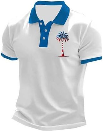 Generic Polo &agrave; manches courtes pour homme - Imprim&eacute; cocotier - Haut de golf graphique - D&eacute;contract&eacute; - Chemisier d&eacute;t&eacute; boutonn&eacute;, Polos blancs pour hommes, XXL
