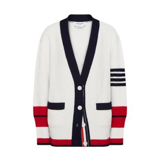 Thom Browne Femme, Pulls, Blanc, Taille: 38 FR Cardigan Point de Bl&eacute; Intarsia Raquette de Tennis &agrave; 4 Barres