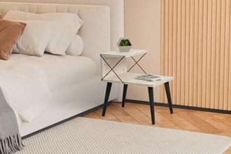 Hanah Home Elegant Nightstand with Beech Legs, Travertine Black, 50 x 55 x 40 cm | 100% Melamine Coated Particle Board, 18 mm Thick | Stylish Storage Solution fo