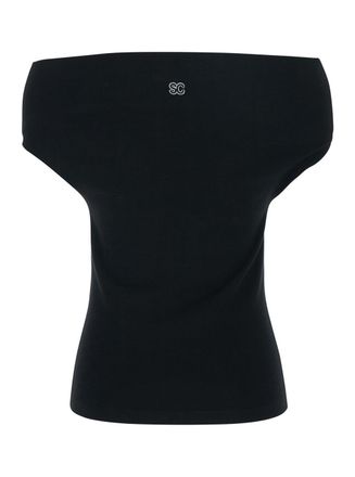 Semicouture Womens Sleeveless Top Off-Shoulder Black Cotton Tops