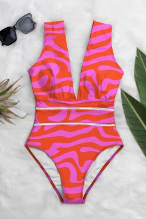 Averie Damen vegan Badeanzug Deep Plunge One Piece Ruby Pink Zebra
